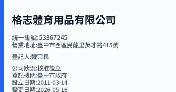 格志體育用品有限公司的照片-統編 53367245(臺中市) 公司登記資料與營業項目詳細圖表