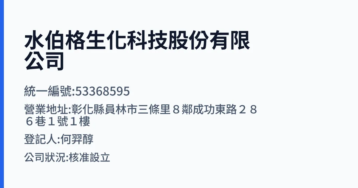 水伯格生化科技股份有限公司 - 統編 53368595(彰化縣) 公司登記資料與營業項目詳細圖表