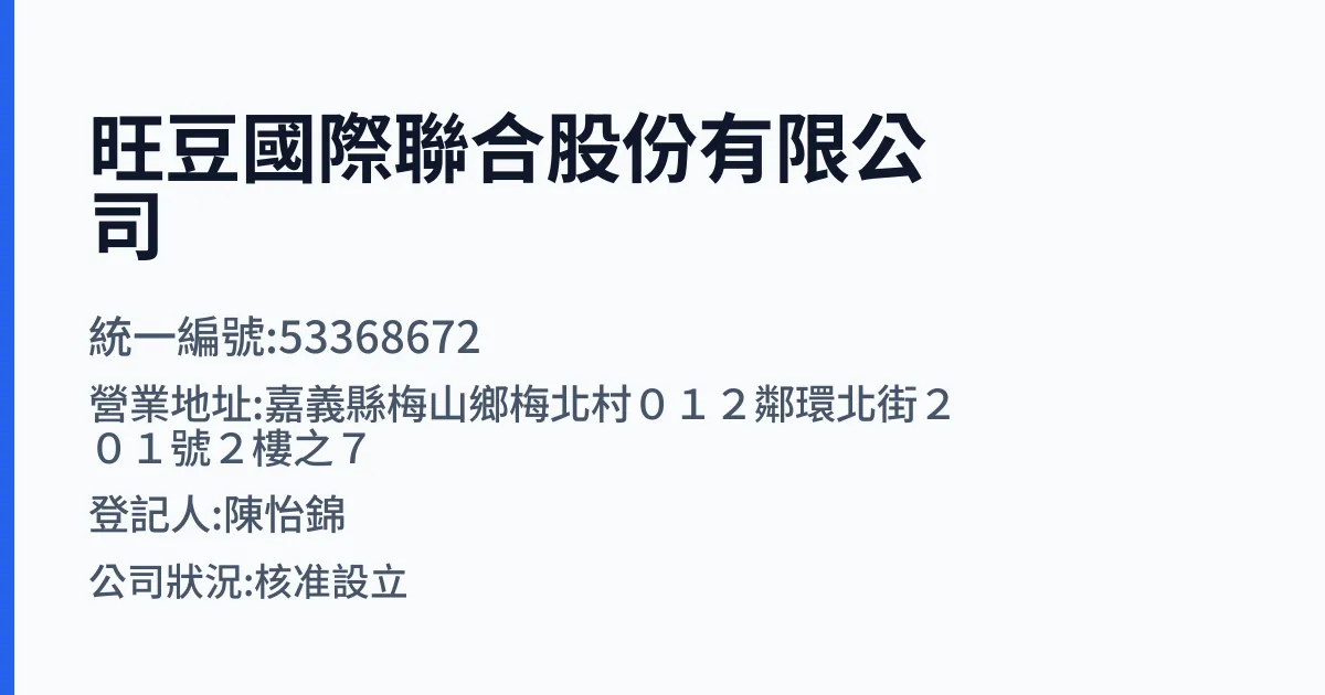 旺豆國際聯合股份有限公司 - 統編 53368672(嘉義縣) 公司登記資料與營業項目詳細圖表