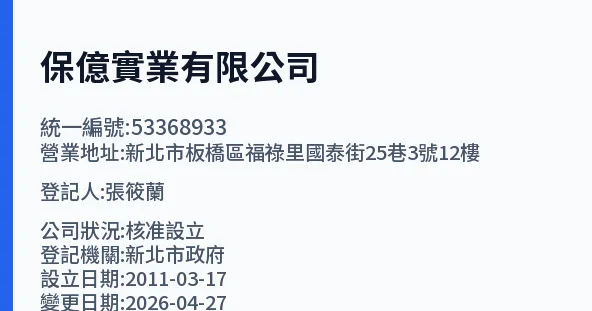 保億實業有限公司的照片-統編 53368933(新北市) 公司登記資料與營業項目詳細圖表