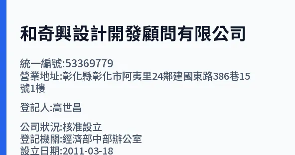 和奇興設計開發顧問有限公司的照片-統編 53369779(彰化縣) 公司登記資料與營業項目詳細圖表