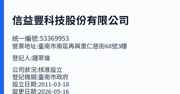 信益豐科技股份有限公司的照片-統編 53369953(臺南市) 公司登記資料與營業項目詳細圖表