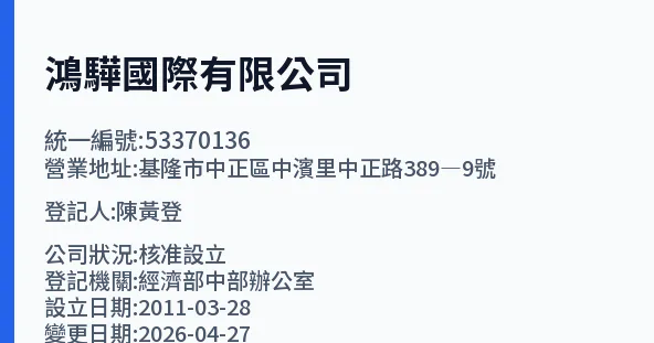 鴻驊國際有限公司的照片-統編 53370136(基隆市) 公司登記資料與營業項目詳細圖表