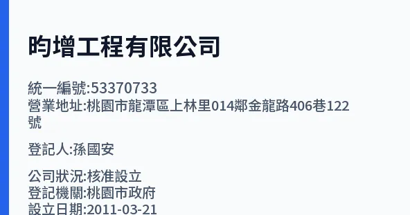 昀增工程有限公司的照片-統編 53370733(桃園市) 公司登記資料與營業項目詳細圖表