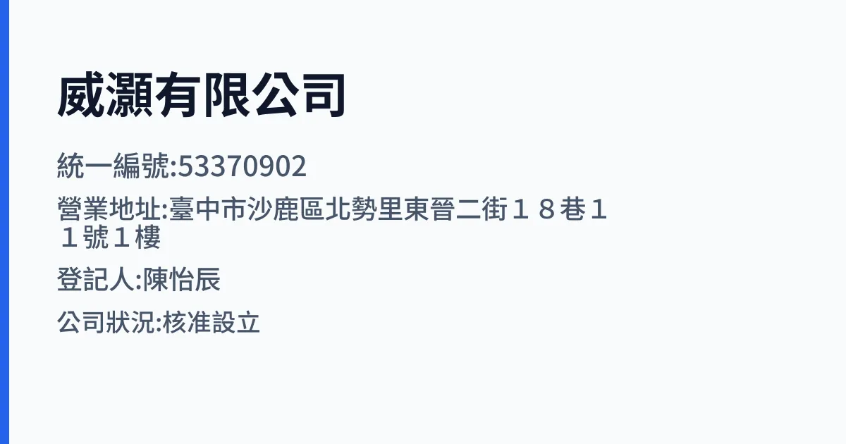 威灝有限公司 - 統編 53370902(臺中市) 公司登記資料與營業項目詳細圖表