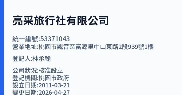 亮采旅行社有限公司的照片-統編 53371043(桃園市) 公司登記資料與營業項目詳細圖表