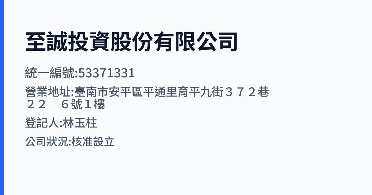 至誠投資股份有限公司 - 統編 53371331(臺南市) 公司登記資料與營業項目詳細圖表