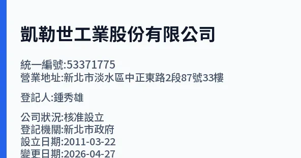 凱勒世工業股份有限公司的照片-統編 53371775(新北市) 公司登記資料與營業項目詳細圖表