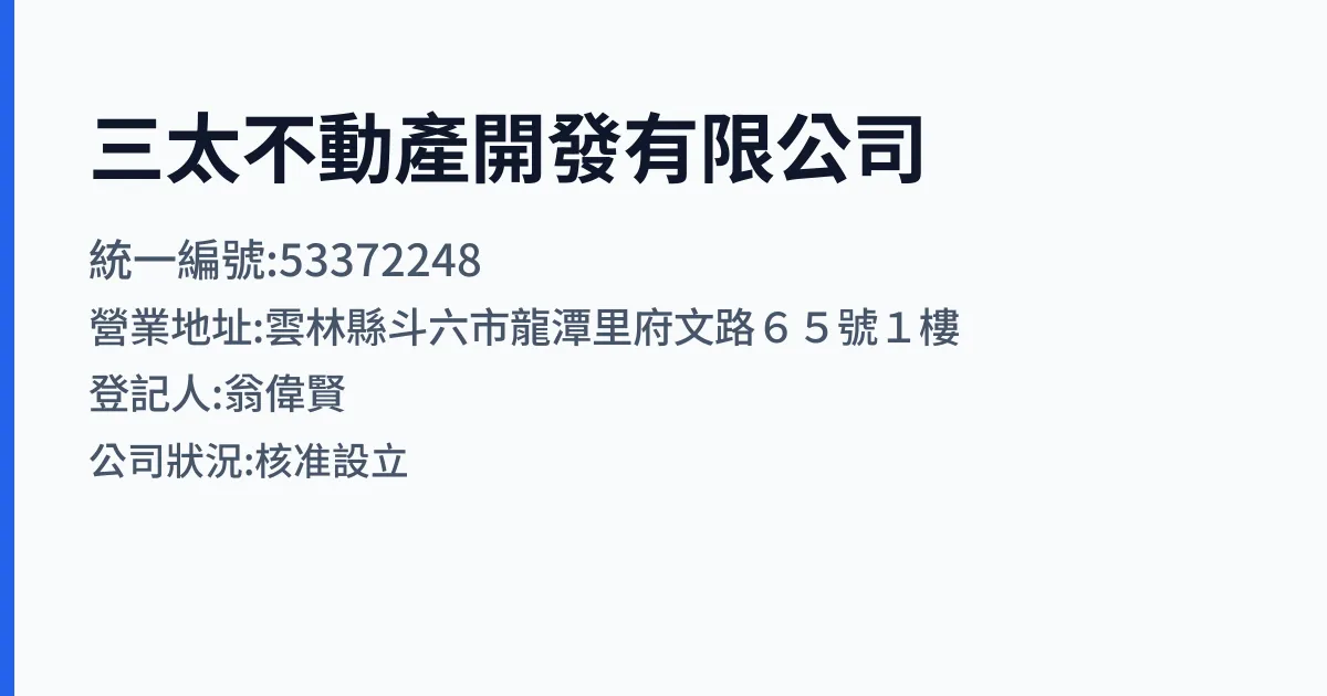 三太不動產開發有限公司 - 統編 53372248(雲林縣) 公司登記資料與營業項目詳細圖表