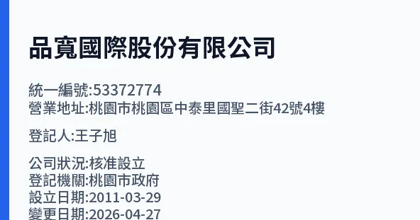 品寬國際股份有限公司的照片-統編 53372774(桃園市) 公司登記資料與營業項目詳細圖表