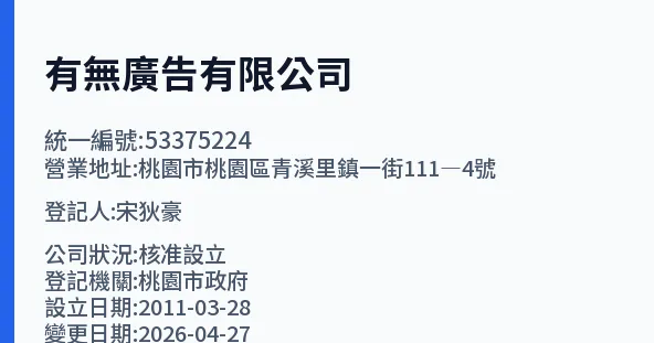 有無廣告有限公司的照片-統編 53375224(桃園市) 公司登記資料與營業項目詳細圖表
