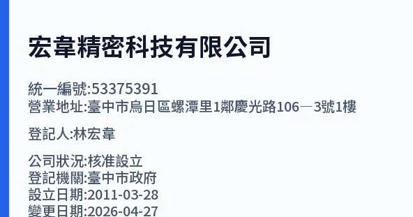 宏韋精密科技有限公司的照片-統編 53375391(臺中市) 公司登記資料與營業項目詳細圖表