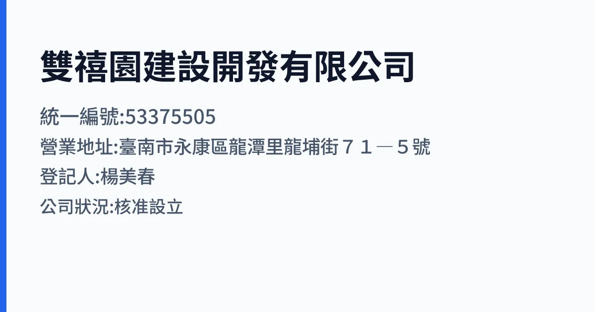 雙禧園建設開發有限公司 - 統編 53375505(臺南市) 公司登記資料與營業項目詳細圖表