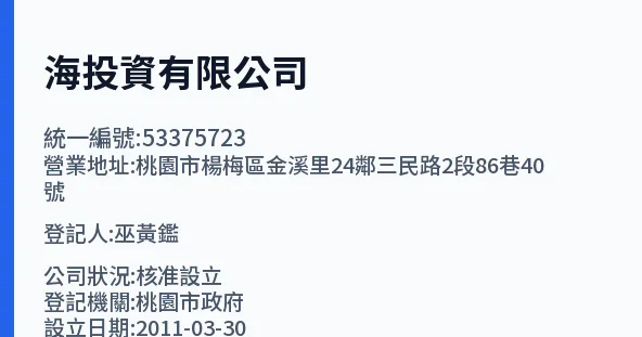 海投資有限公司的照片-統編 53375723(桃園市) 公司登記資料與營業項目詳細圖表