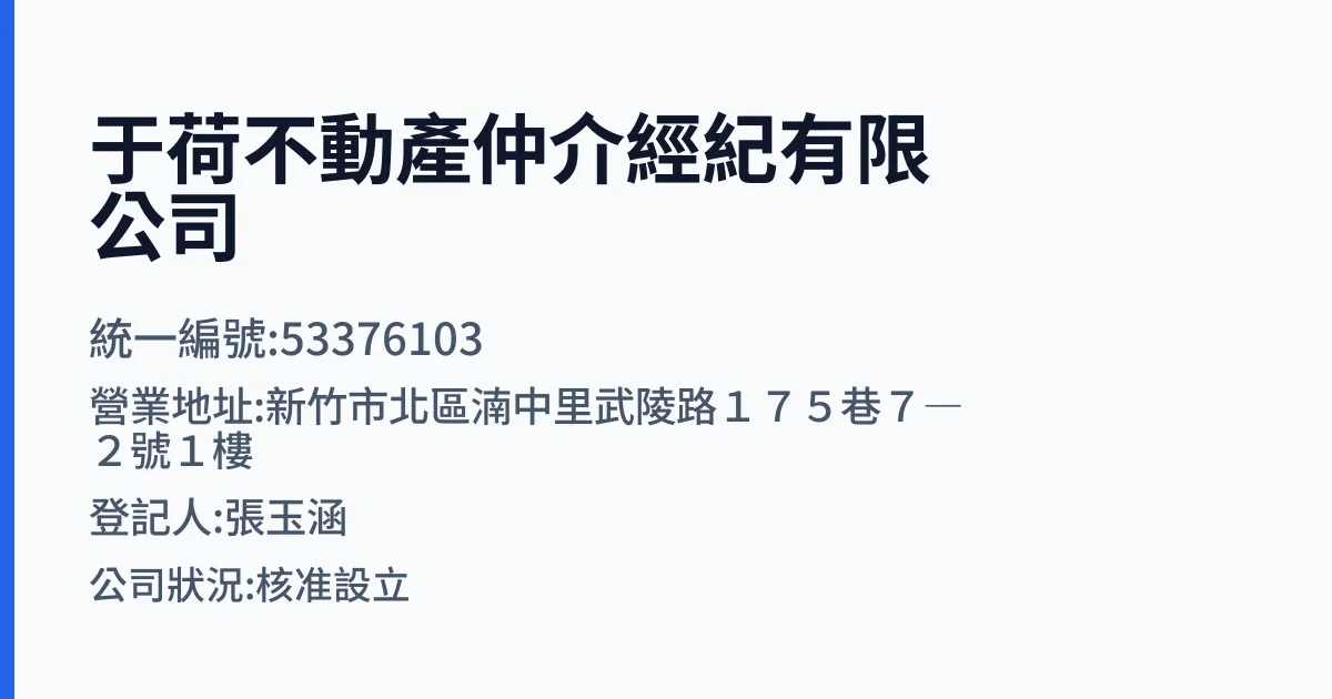 于荷不動產仲介經紀有限公司 - 統編 53376103(新竹市) 公司登記資料與營業項目詳細圖表