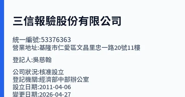 三信報驗股份有限公司的照片-統編 53376363(基隆市) 公司登記資料與營業項目詳細圖表