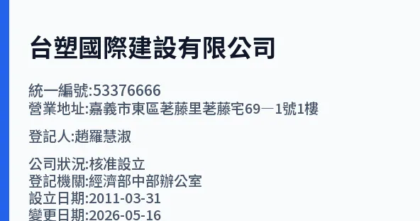 台塑國際建設有限公司的照片-統編 53376666(嘉義市) 公司登記資料與營業項目詳細圖表