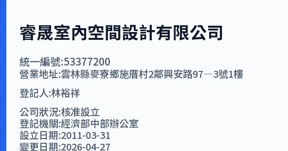 睿晟室內空間設計有限公司的照片-統編 53377200(雲林縣) 公司登記資料與營業項目詳細圖表