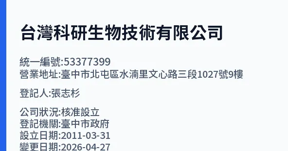 台灣科研生物技術有限公司的照片-統編 53377399(臺中市) 公司登記資料與營業項目詳細圖表
