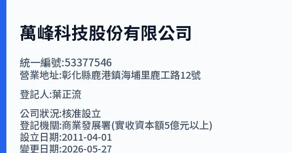萬峰科技股份有限公司的照片-統編 53377546(彰化縣) 公司登記資料與營業項目詳細圖表