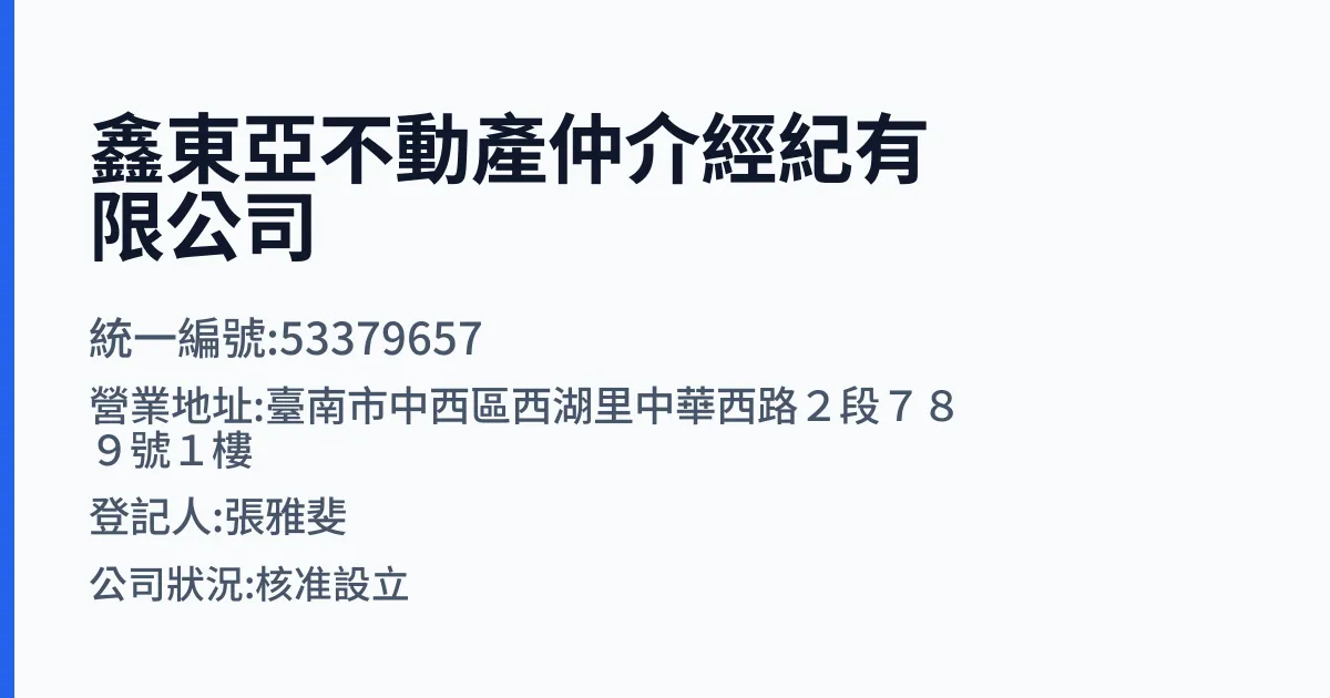 鑫東亞不動產仲介經紀有限公司 - 統編 53379657(臺南市) 公司登記資料與營業項目詳細圖表