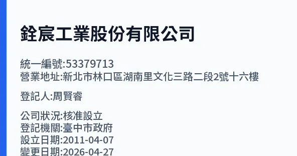 銓宸工業股份有限公司的照片-統編 53379713(新北市) 公司登記資料與營業項目詳細圖表