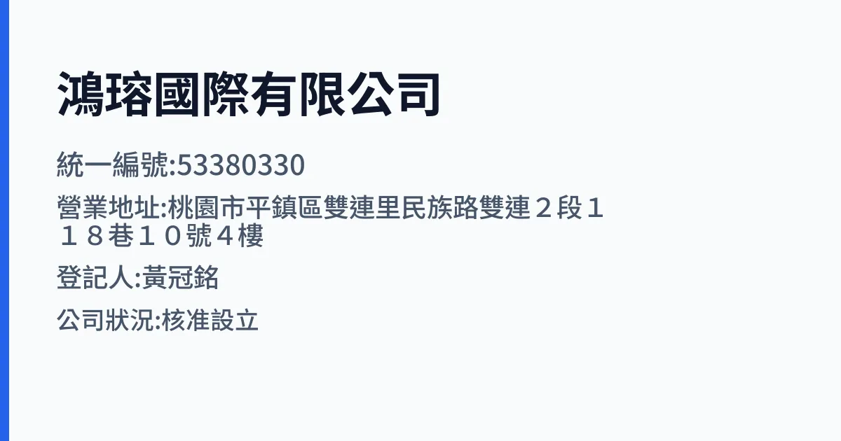 鴻瑢國際有限公司 - 統編 53380330(桃園市) 公司登記資料與營業項目詳細圖表