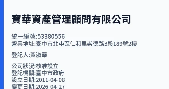 寶華資產管理顧問有限公司的照片-統編 53380556(臺中市) 公司登記資料與營業項目詳細圖表