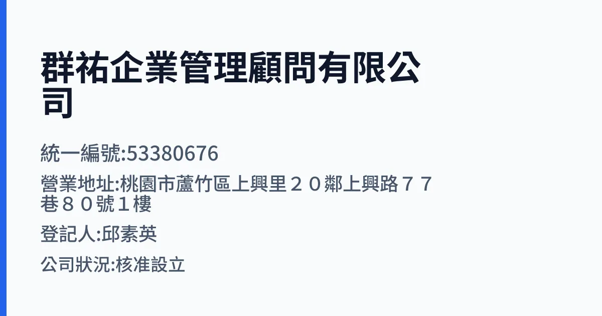 群祐企業管理顧問有限公司 - 統編 53380676(桃園市) 公司登記資料與營業項目詳細圖表