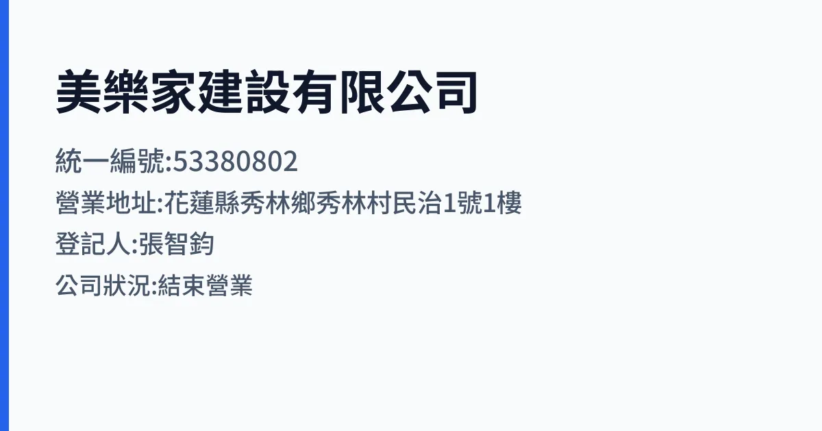 美樂家建設有限公司 - 統編 53380802(花蓮縣) 公司登記資料與營業項目詳細圖表