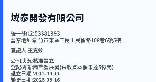 域泰開發有限公司的照片-統編 53381393(新竹市) 公司登記資料與營業項目詳細圖表