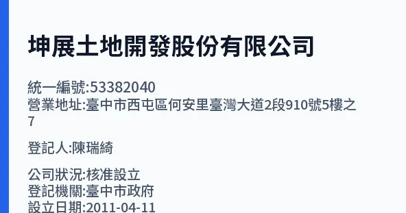 坤展土地開發股份有限公司的照片-統編 53382040(臺中市) 公司登記資料與營業項目詳細圖表