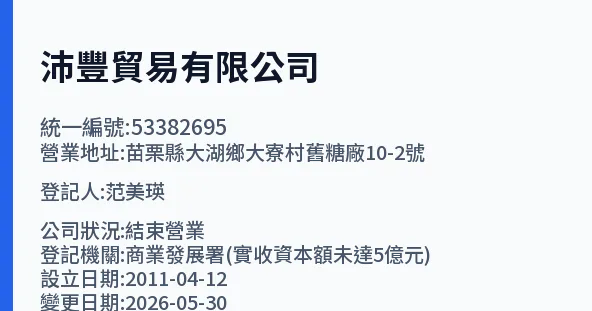 沛豐貿易有限公司的照片-統編 53382695(苗栗縣) 公司登記資料與營業項目詳細圖表
