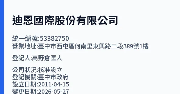迪恩國際股份有限公司的照片-統編 53382750(臺中市) 公司登記資料與營業項目詳細圖表