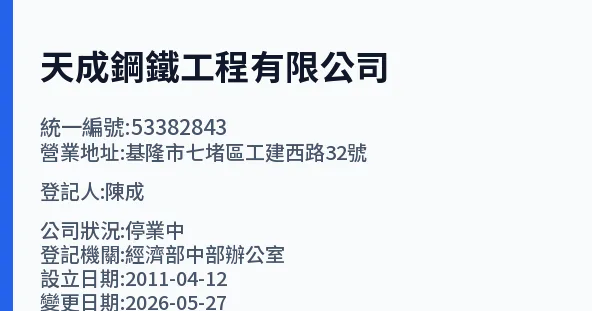 天成鋼鐵工程有限公司的照片-統編 53382843(基隆市) 公司登記資料與營業項目詳細圖表