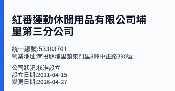 紅番運動休閒用品有限公司埔里第三分公司的照片-統編 53383701(南投縣) 公司登記資料與營業項目詳細圖表