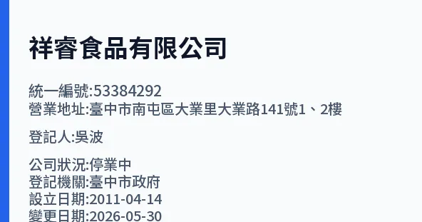 祥睿食品有限公司的照片-統編 53384292(臺中市) 公司登記資料與營業項目詳細圖表