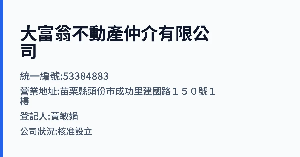 大富翁不動產仲介有限公司 - 統編 53384883(苗栗縣) 公司登記資料與營業項目詳細圖表