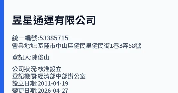 昱星通運有限公司的照片-統編 53385715(基隆市) 公司登記資料與營業項目詳細圖表