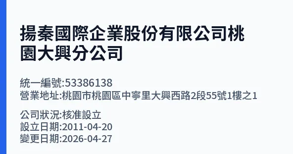 揚秦國際企業股份有限公司桃園大興分公司的照片-統編 53386138(桃園市) 公司登記資料與營業項目詳細圖表