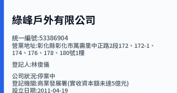 綠峰戶外有限公司的照片-統編 53386904(彰化縣) 公司登記資料與營業項目詳細圖表
