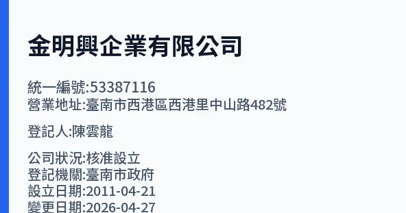 金明興企業有限公司的照片-統編 53387116(臺南市) 公司登記資料與營業項目詳細圖表