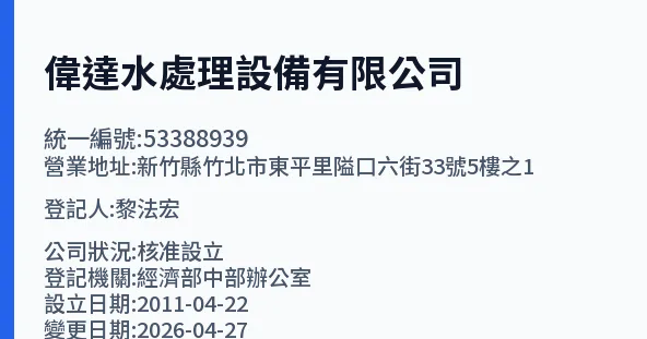 偉達水處理設備有限公司的照片-統編 53388939(新竹縣) 公司登記資料與營業項目詳細圖表