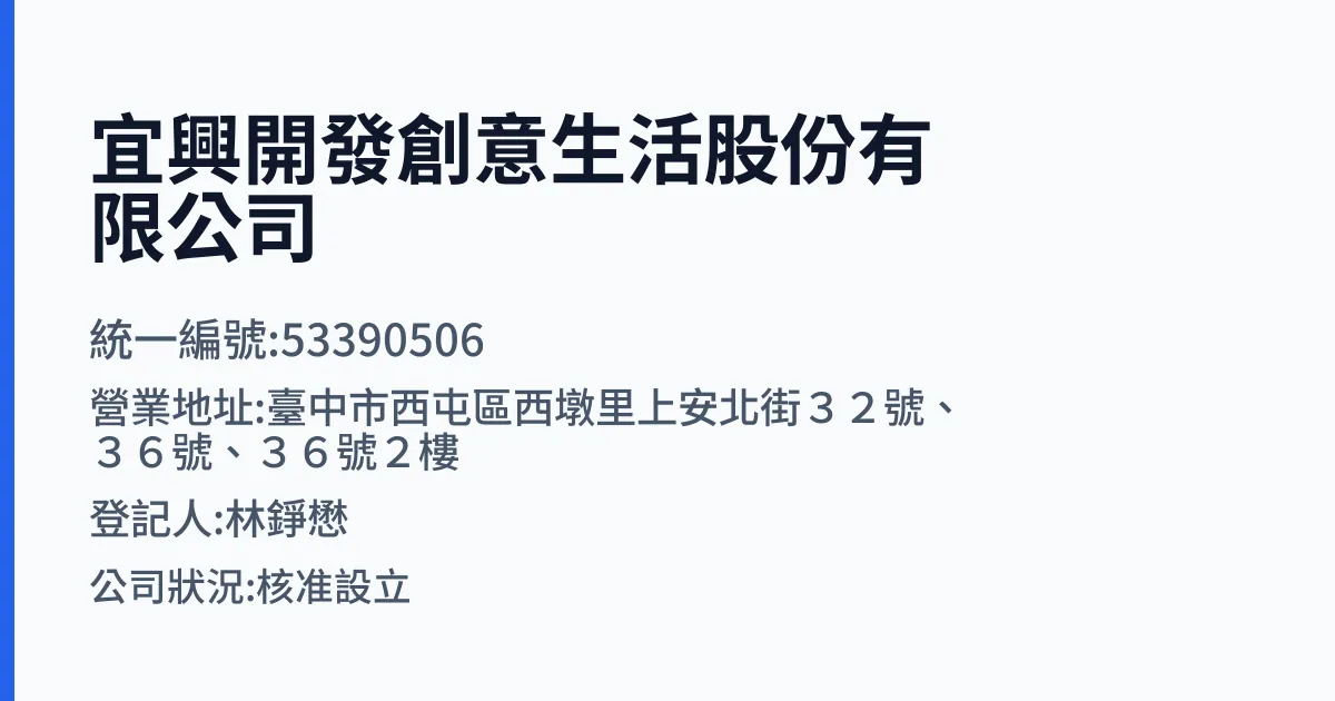 宜興開發創意生活股份有限公司 - 統編 53390506(臺中市) 公司登記資料與營業項目詳細圖表