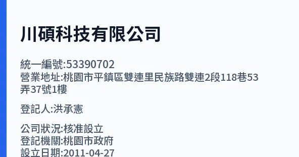 川碩科技有限公司的照片-統編 53390702(桃園市) 公司登記資料與營業項目詳細圖表