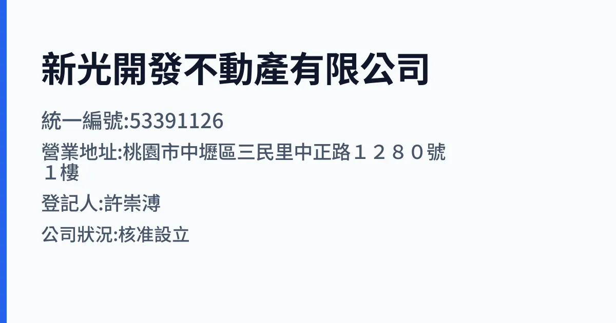 新光開發不動產有限公司 - 統編 53391126(桃園市) 公司登記資料與營業項目詳細圖表
