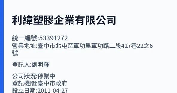 利緯塑膠企業有限公司的照片-統編 53391272(臺中市) 公司登記資料與營業項目詳細圖表