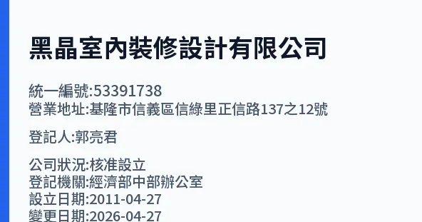 黑晶室內裝修設計有限公司的照片-統編 53391738(基隆市) 公司登記資料與營業項目詳細圖表