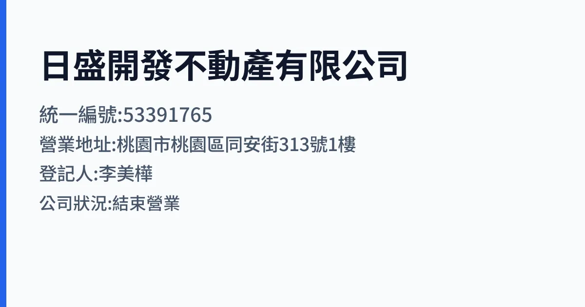 日盛開發不動產有限公司 - 統編 53391765(桃園市) 公司登記資料與營業項目詳細圖表