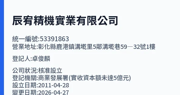 辰宥精機實業有限公司的照片-統編 53391863(彰化縣) 公司登記資料與營業項目詳細圖表